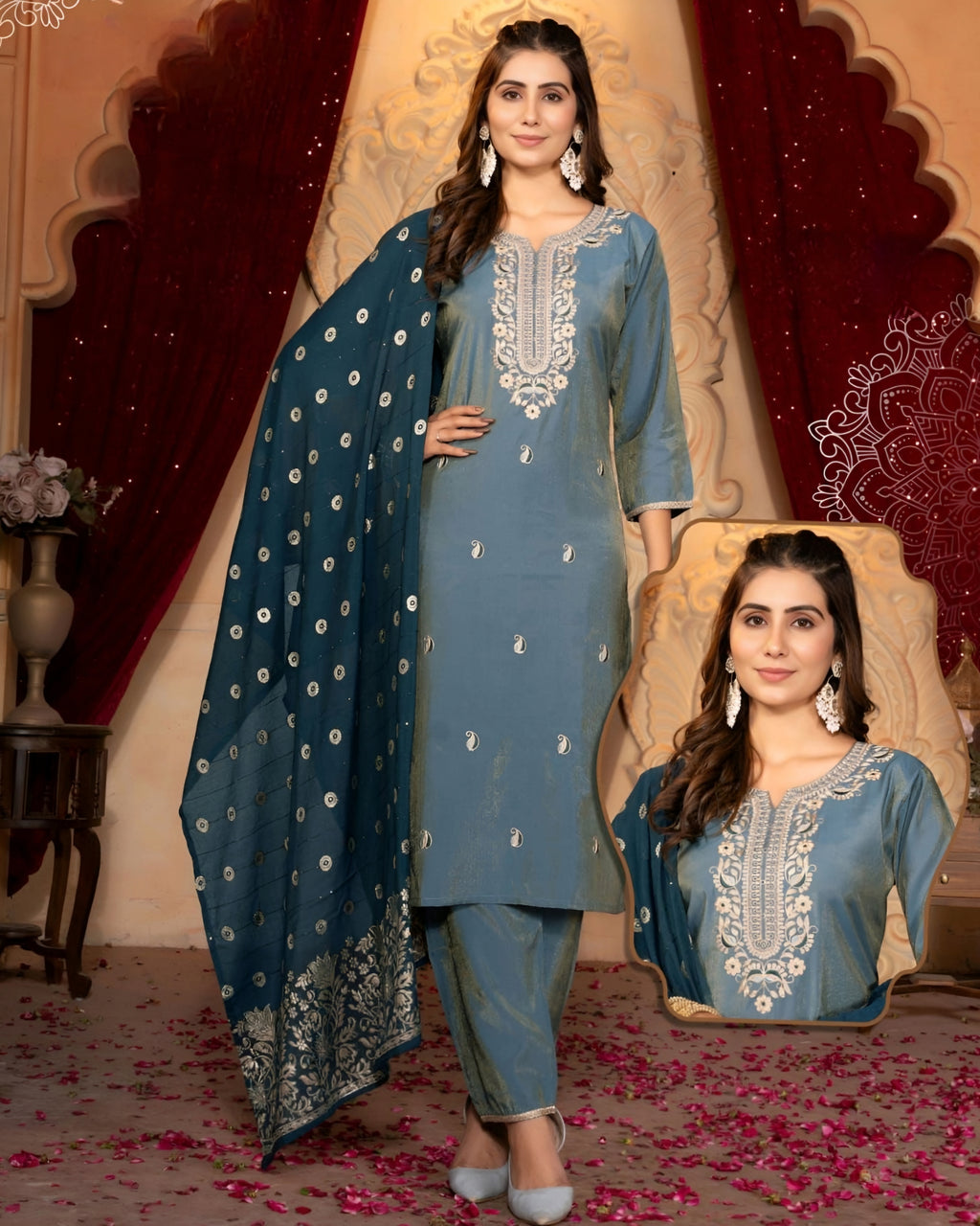 Order Now Elegant Roman Shimmer Pant Suit Plus Blue