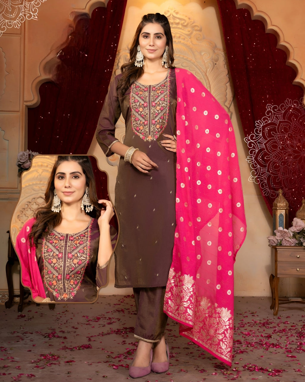 Buy Elegant Roman Shimmer Pant Salwar Suit Plus Brown