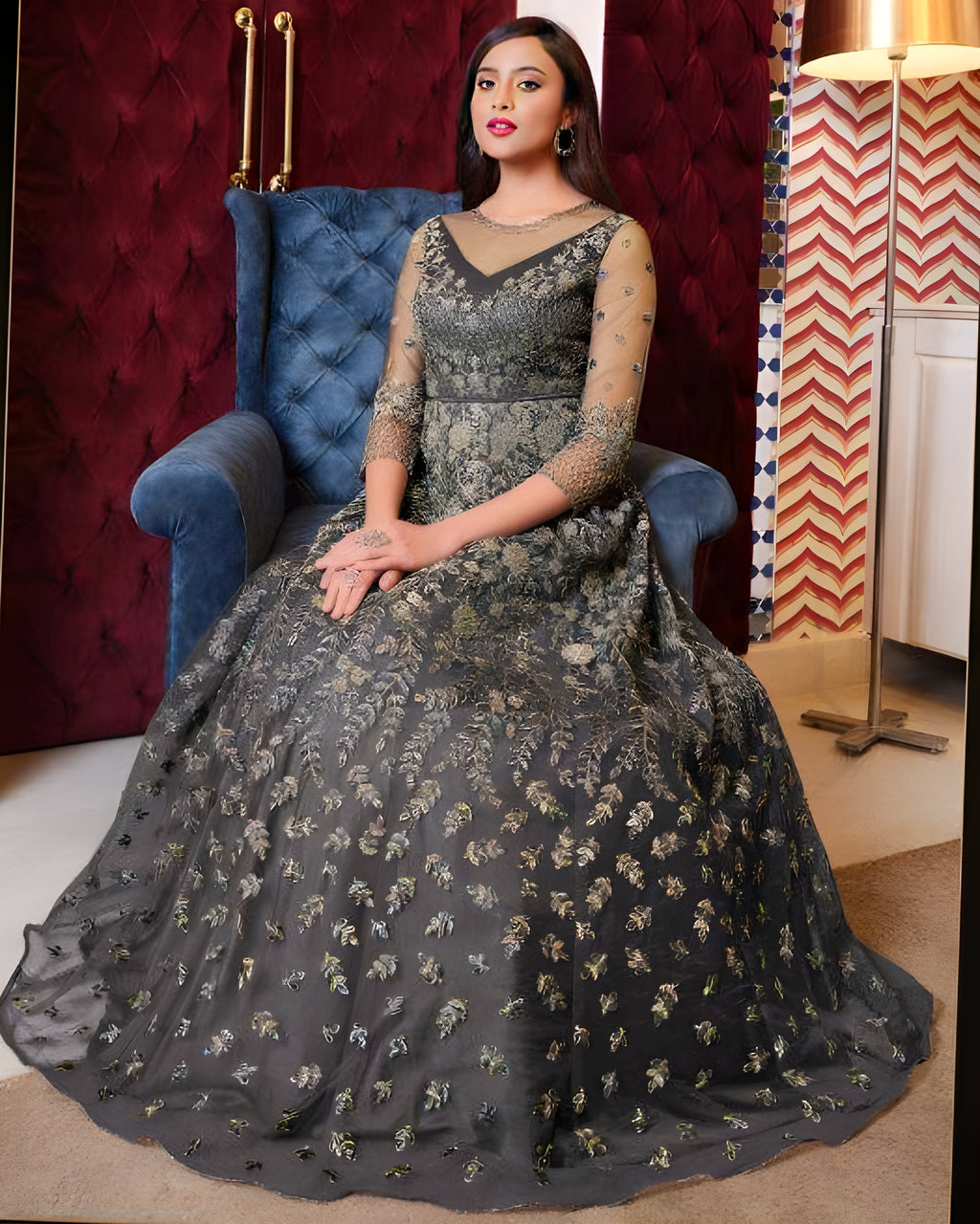 Shop Elegant Gray Heavy Embroidered Net Salwar Kameez Gray